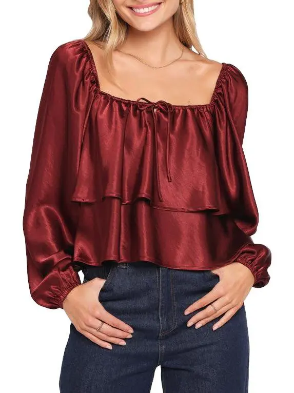 PETAL & PUP Janina Tiered Satin Top - Wine