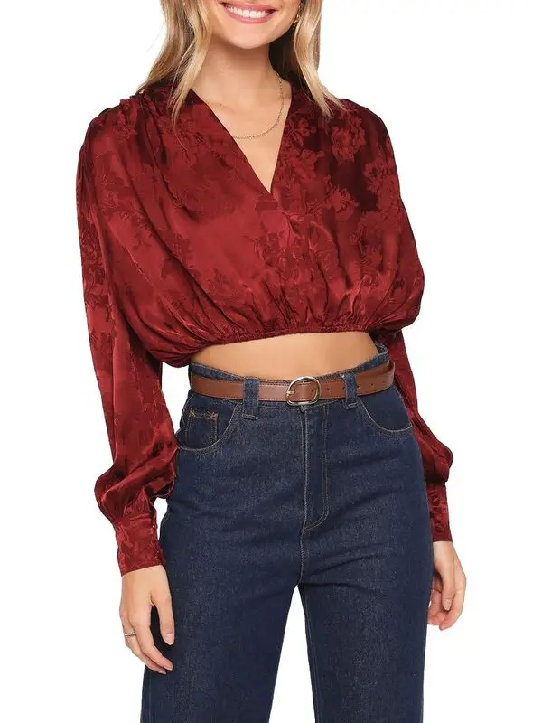 PETAL & PUP Floral Jacquard Satin Crop Top - Wine