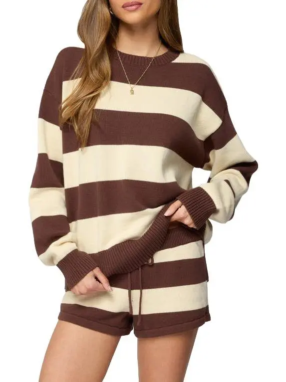 EDIKTED Riley Stripe Oversized Cotton Sweater - Brown-and-beige