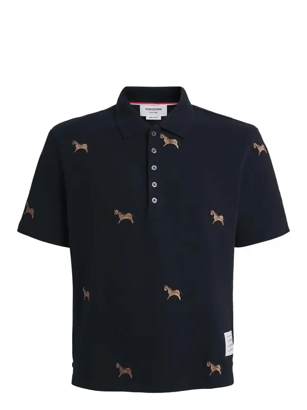 Thom Browne Cotton Horse Embroidered Polo Shirt - Navy