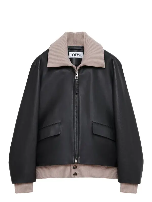 Loewe Rib-trim Leather Jacket - Black