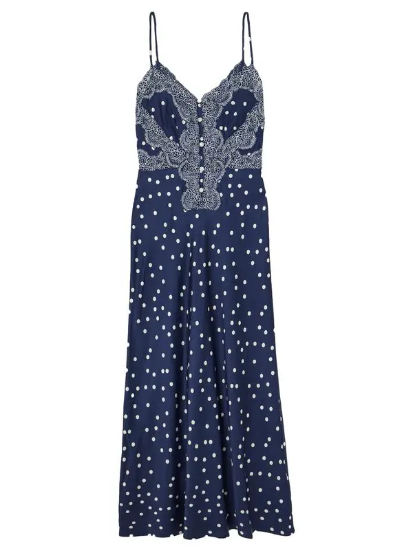 Loretta Caponi Lace-trimmed Polka-dot Satin Maxi Dress - Blue
