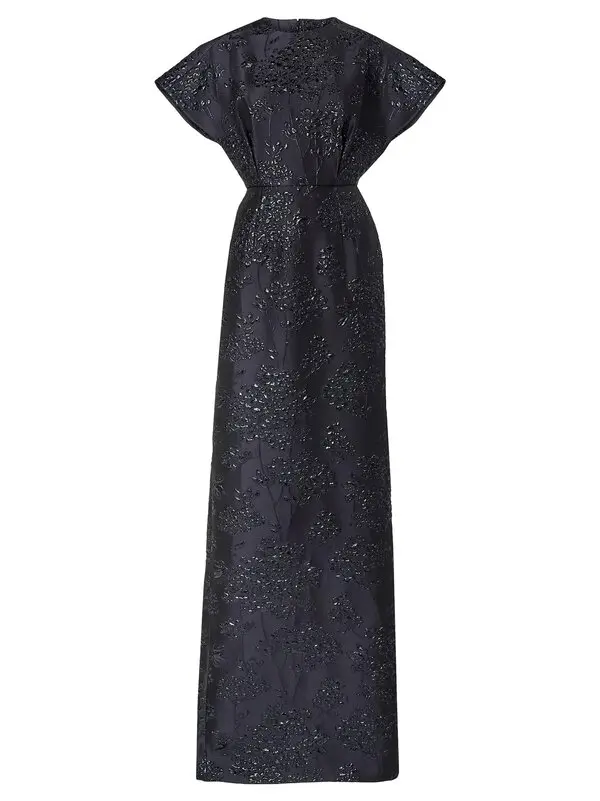 Carolina Herrera Fan-bodice Floral Bouquet Gown - Navy