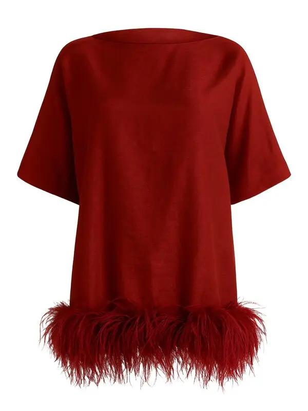 DIMA AYAD Feather-trimmed Short-sleeve Top - Burgundy