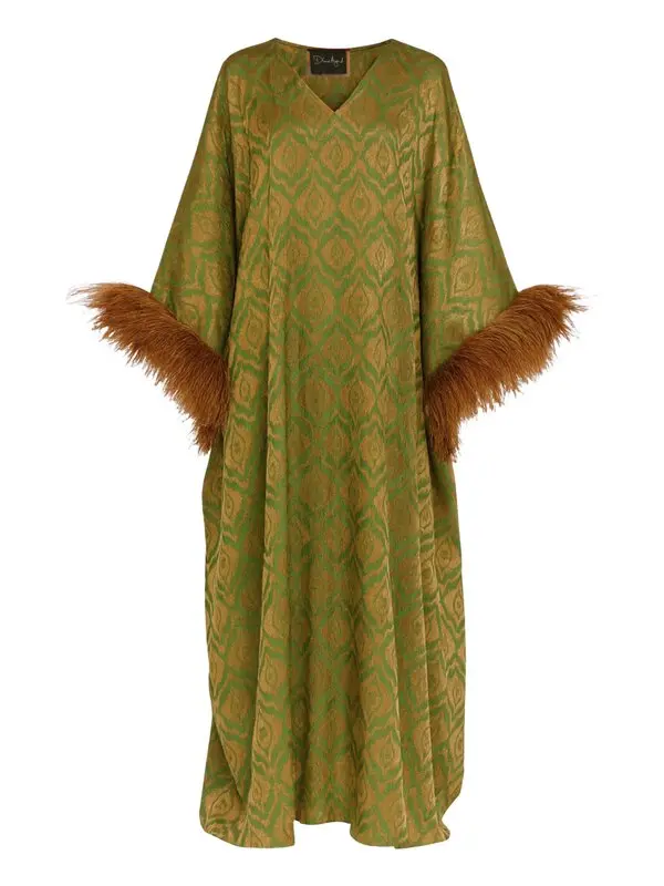 DIMA AYAD Feather-trimmed Metallic Print Maxi Kaftan - Green