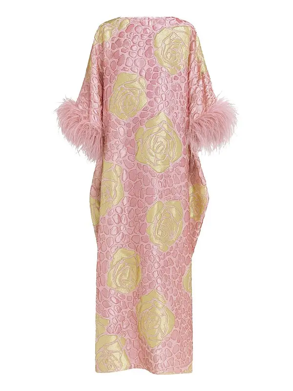 DIMA AYAD Feather-trimmed Floral-print Maxi Caftan - Pink