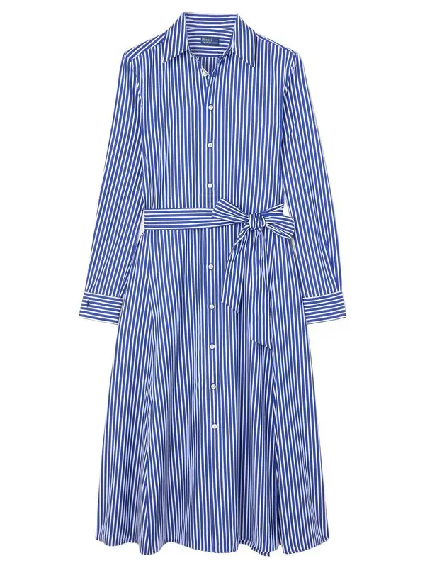 Polo Ralph Lauren Belted Striped Cotton-poplin Midi Shirt Dress - Blue