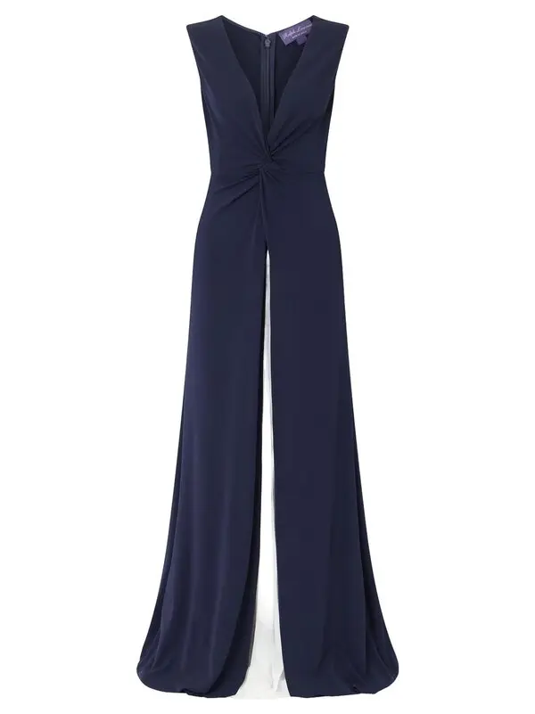 Ralph Lauren Knotted Pleated Chiffon And Stretch-jersey Gown - Blue