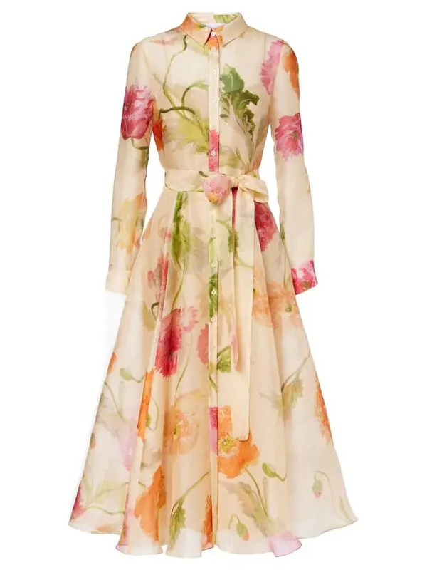 Carolina Herrera Belted Floral Silk Shirt Dress - Beige