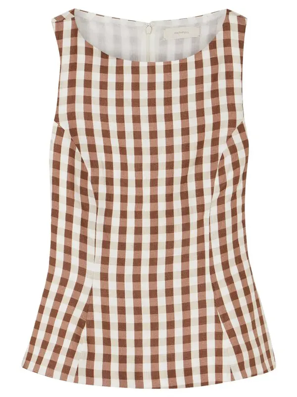 Faithfull The Brand Ana Gingham Linen Peplum Top - Brown