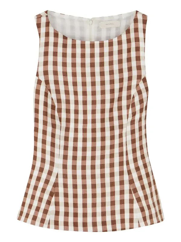 Faithfull The Brand Ana Gingham Linen Peplum Top - Brown
