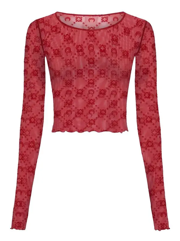 MARINE SERRE Monogram Mesh Flock Cropped Top - Red