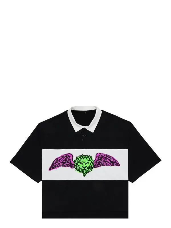 Goat Embroidered Winged Lion Rugby Shirt - Black