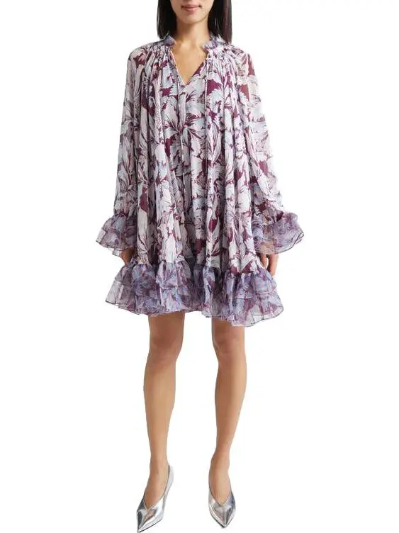 Cinq À Sept Clairette Tie Neck Long Sleeve Swing Dress - Deep Plum Multi