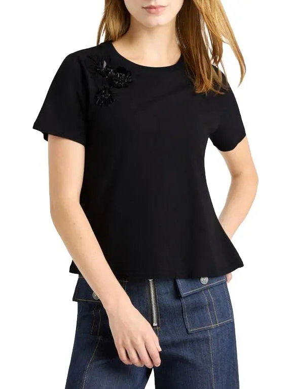 Cinq À Sept Crunchy Flower Appliqué Shrunken Cotton T-shirt - Black