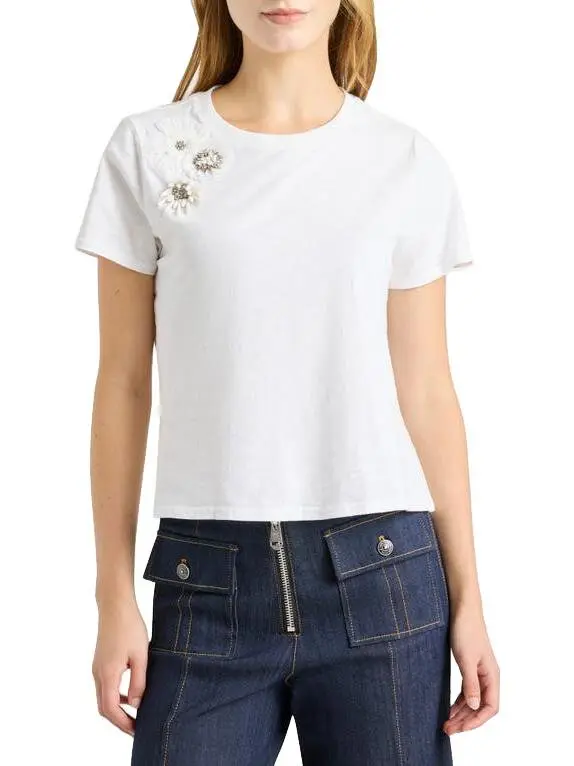 Cinq À Sept Crunchy Flower Appliqué Shrunken Cotton T-shirt - White
