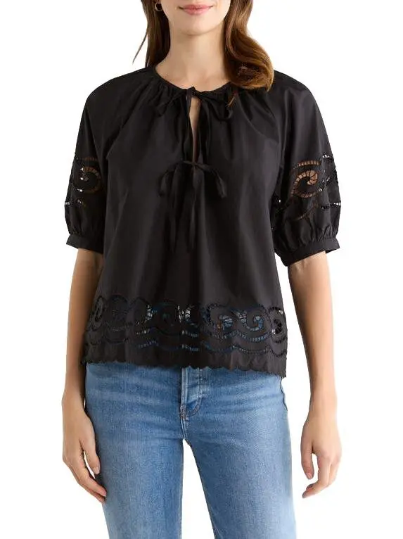 Rails Catalene Embroidered Eyelet Cotton Peasant Top - Black Embroidery
