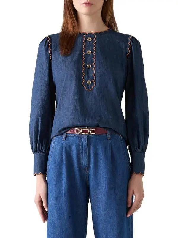 LK BENNETT Jenny Scallop Denim Top - Indigo
