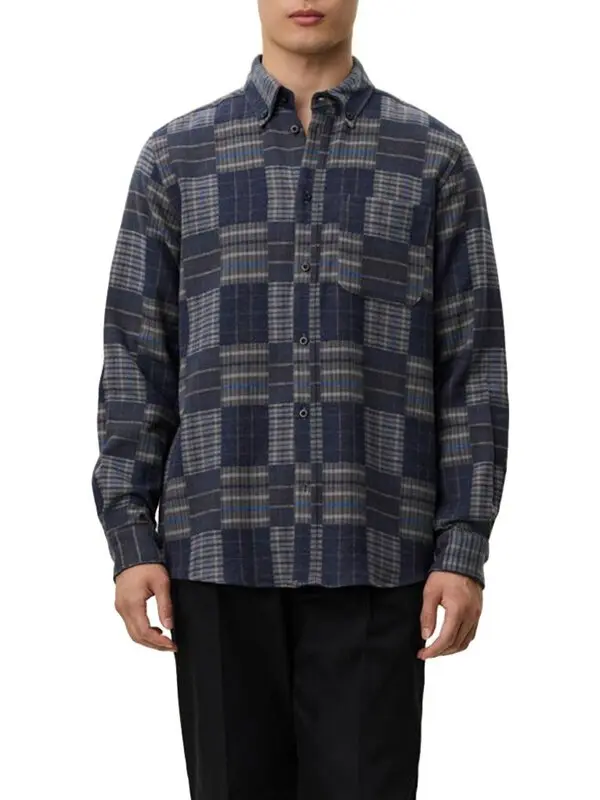 LES DEUX Kent Patchwork Check Button-down Shirt - Dark Navy