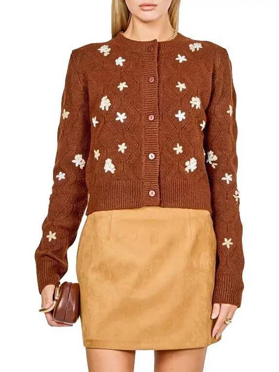 Endless Rose Floral Embroidered Pointelle Cardigan - Brown