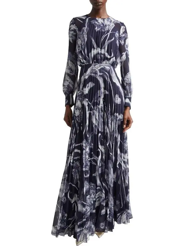 Erdem Botanical Engraving Pleated Voile Gown - Botanical Engraving Midnight