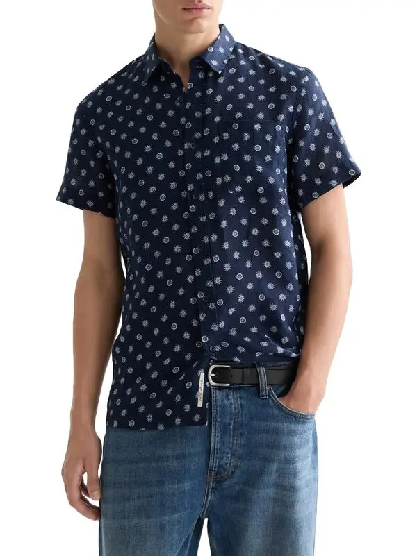 Scotch & Soda Star Flower Print Short Sleeve Linen Button-up Shirt - Foulard Dress Blues