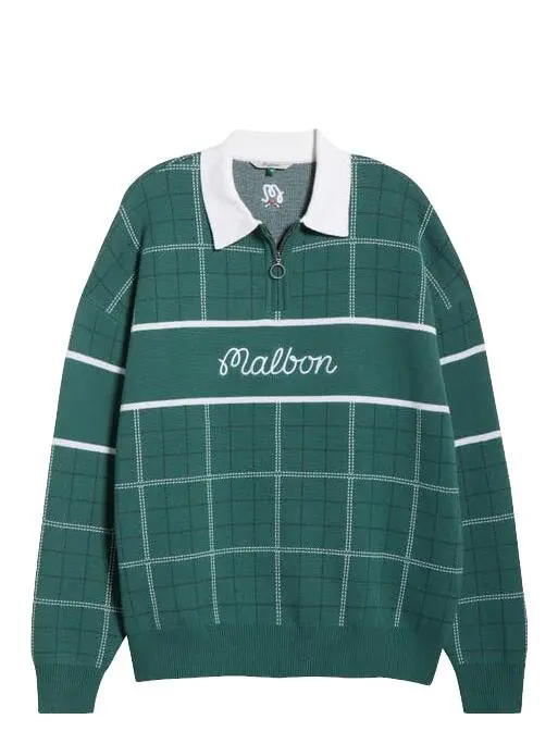 MALBON Bennett Plaid Cotton Zip Polo Sweater - Hunter Green