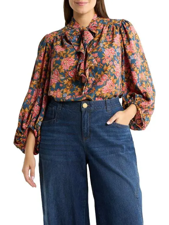 Wit & Wisdom Floral Tie Neck Peasant Top - Navy/vintage Lilac Multi