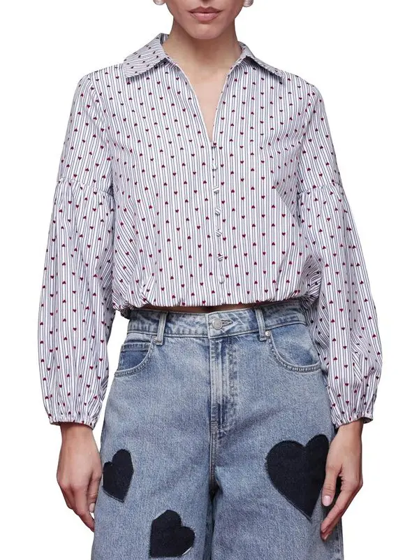 Avec Les Filles Printed Bubble Crop Shirt - Flocked Hearts