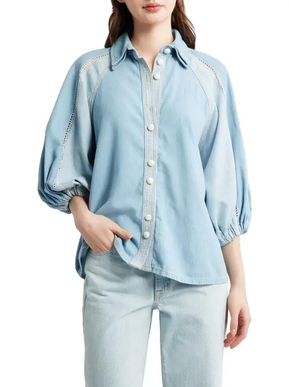 Farm Rio Two-tone Button-up Shirt - Denim