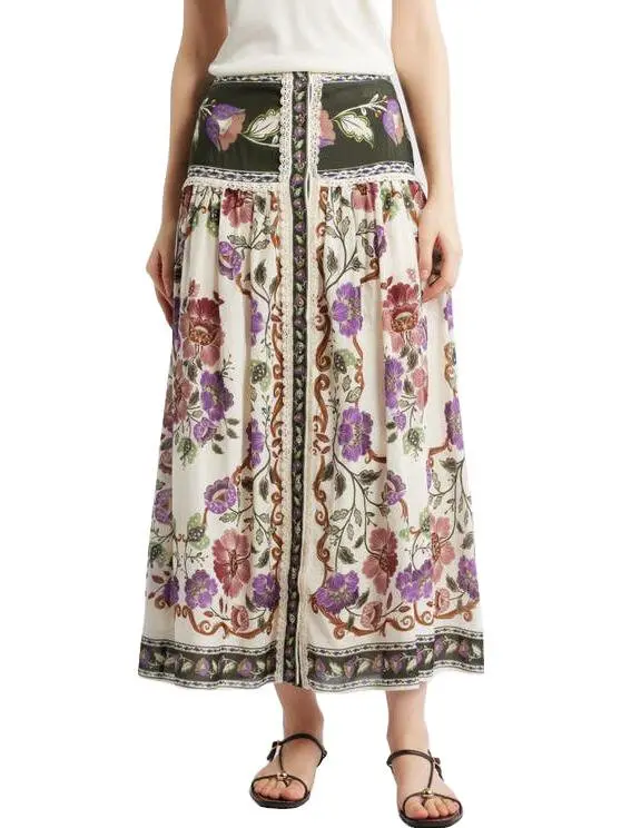 Farm Rio Floral Print Midi Skirt - Rococo Flowers Cream