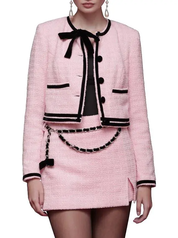 Avec Les Filles Tweed Bow Trim Crop Jacket - Candy Pink