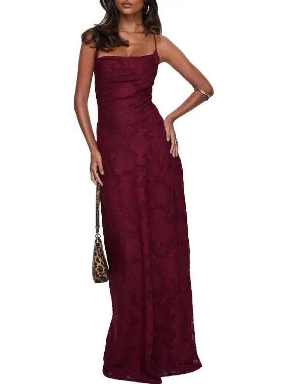 Princess Polly Floral Burnout Maxi Dress - Burgundy Burnout