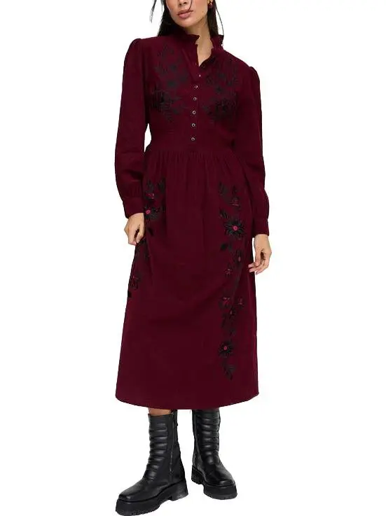 RAFFYA Puglia Corduroy Midi Dress - Burgundy