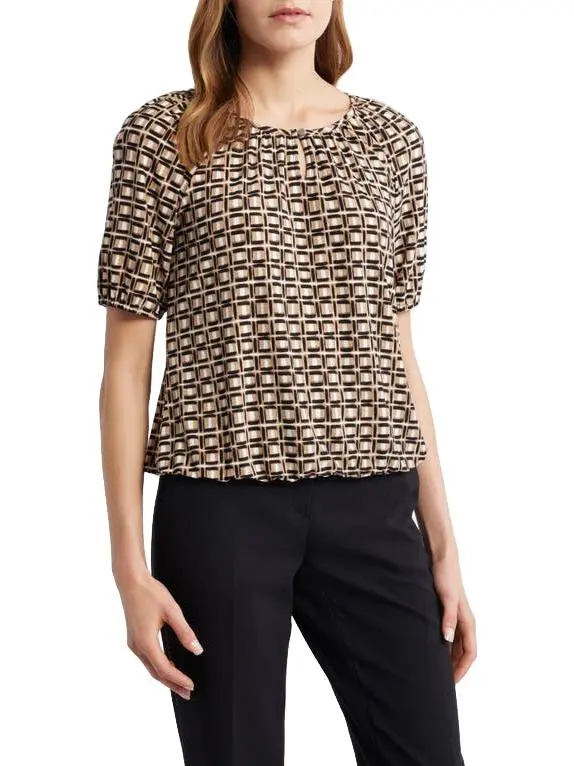 Anne Klein Printed Keyhole Peasant Top - Anne Black/latte