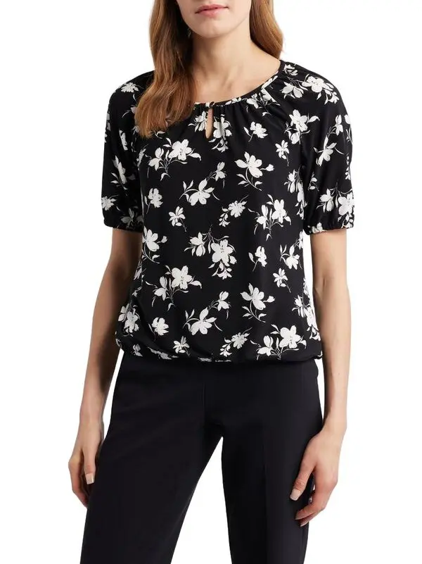 Anne Klein Floral Print Keyhole Peasant Top - Anne Black/white Dove