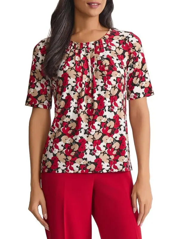 KASPER Pleat Neck Top - Red/black Multi