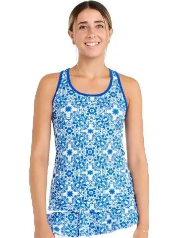 SOFIBELLA Miss Santorini 25-inch Racerback Tennis Tank - Sandra Tiles
