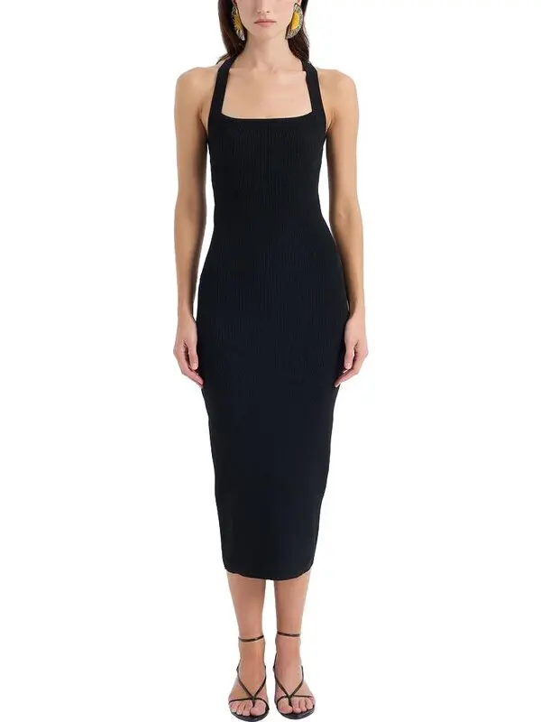 MONLICIA Azura Rib Knit Crisscross Back Bodycon Midi Sweater Dress - Black