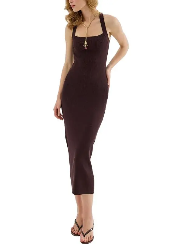 MONLICIA Azura Rib Knit Crisscross Back Bodycon Midi Sweater Dress - Brown