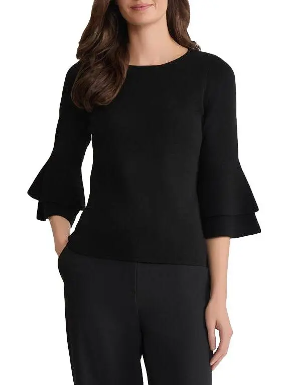 KASPER Flare Sleeve Ribbed Sweater - Black