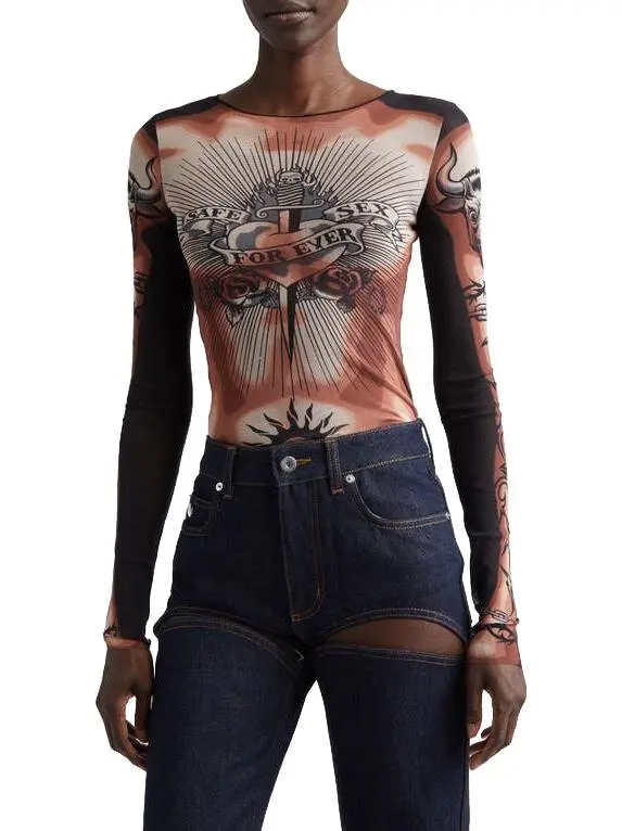 Jean Paul Gaultier Re-edition Tattoo Mesh Top - Beige/brown/black