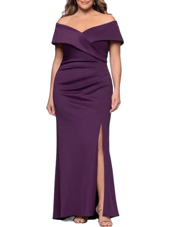 XSCAPE EVENINGS Off-the-shoulder Scuba Knit Gown - Plum