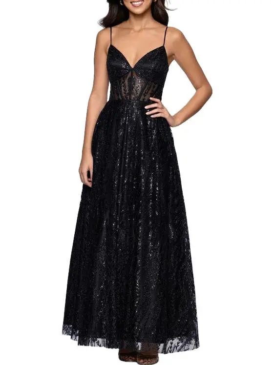 BLONDIE NITES Sequin Corset Bodice Gown - Black