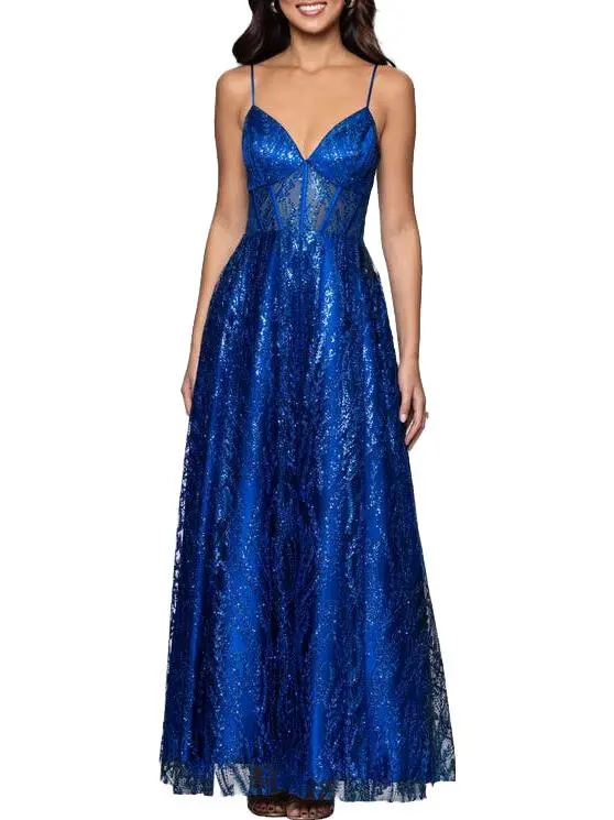 BLONDIE NITES Sequin Corset Bodice Gown - Royal
