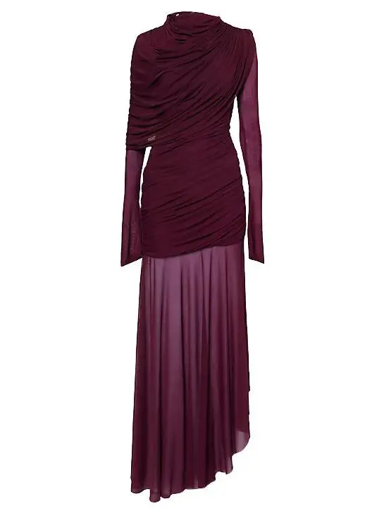 DEME Isla Draped Stretch-mesh Maxi Dress - Aubergine