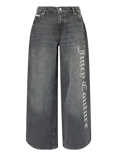 Juicy Couture Diamanté-logo Wide-leg Denim Jeans - Washed Black Denim
