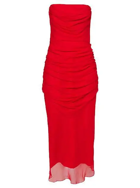 Carolina Herrera Strapless Draped Silk Midi Dress - Herrera Red