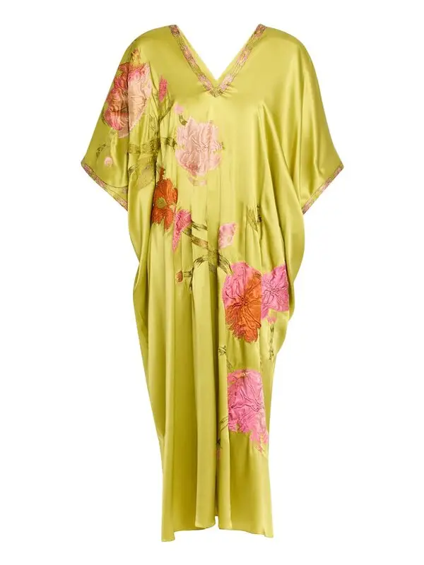 Natori Floral-embroidered Silk Caftan - Lemon Lime
