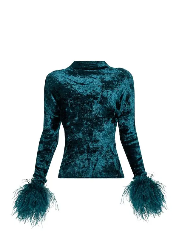 Lapointe Velvet Dolman-sleeve Feather-cuff Top - Dark Teal